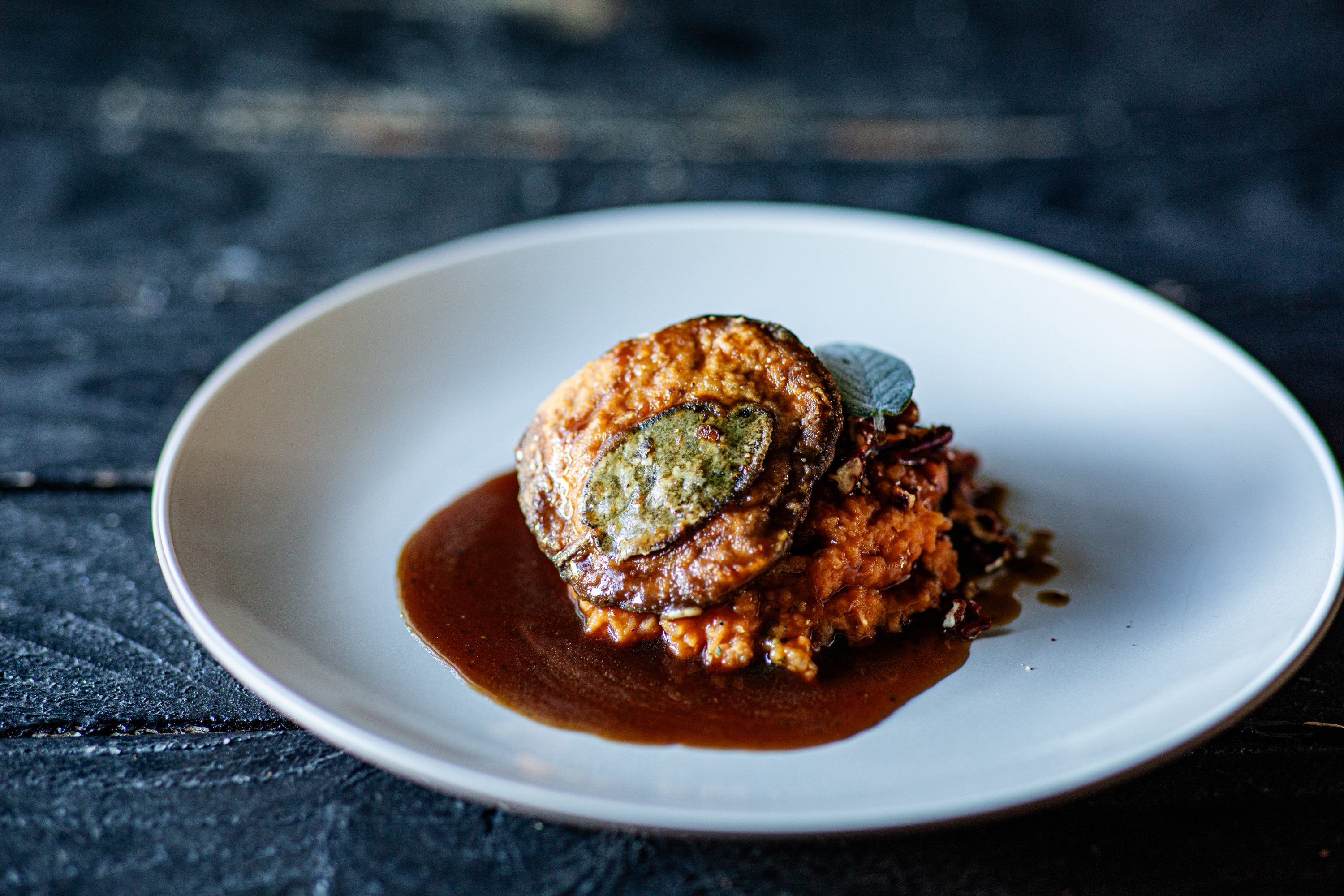 Crispy Sage & Onion Portabella Mushroom with Whipped Sweet Potatoes and ...